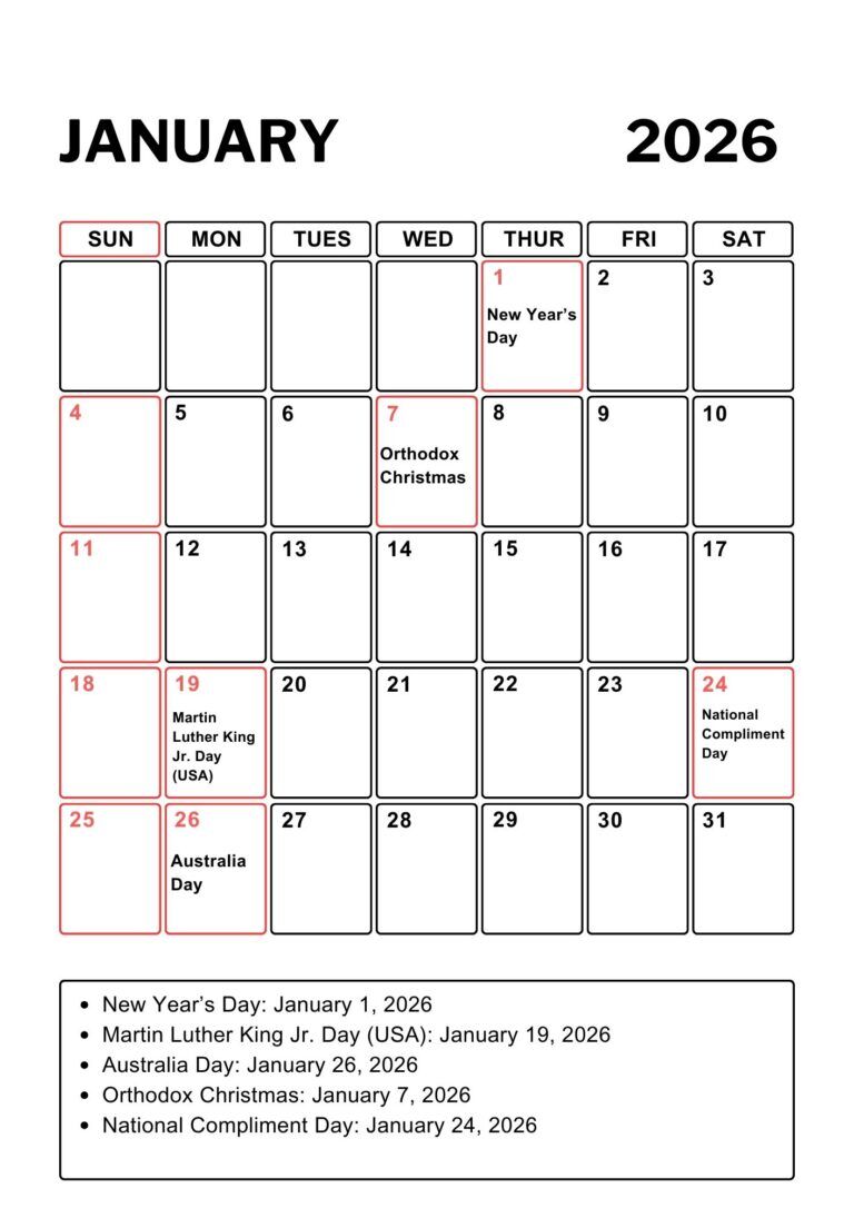 January A4 Calendar 2026 [Free Printable PDF Template]